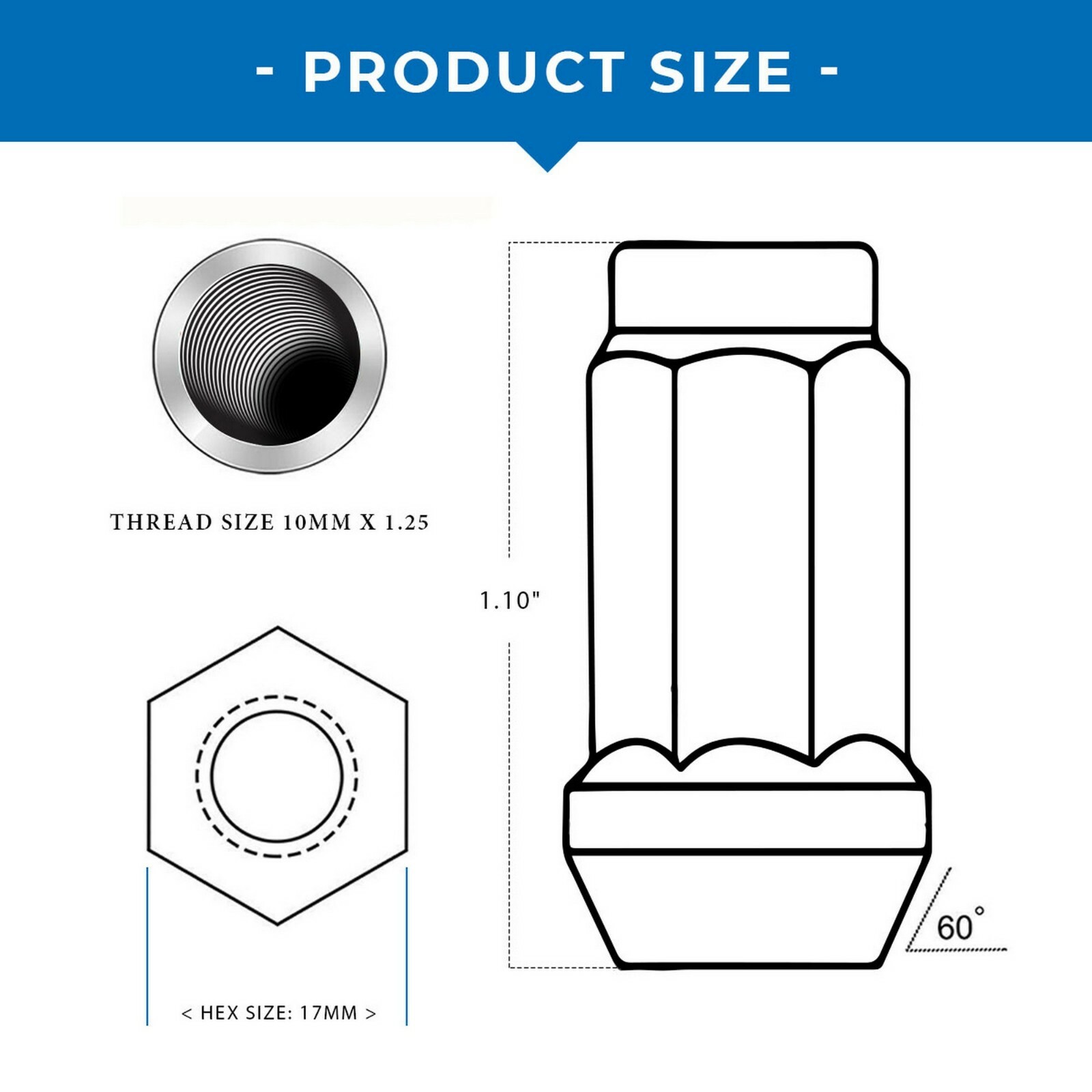 4 Black Tapered Base 10x1.25 Lug Nut Set 17mm Hex ATV UTV For ITP Wheel ...