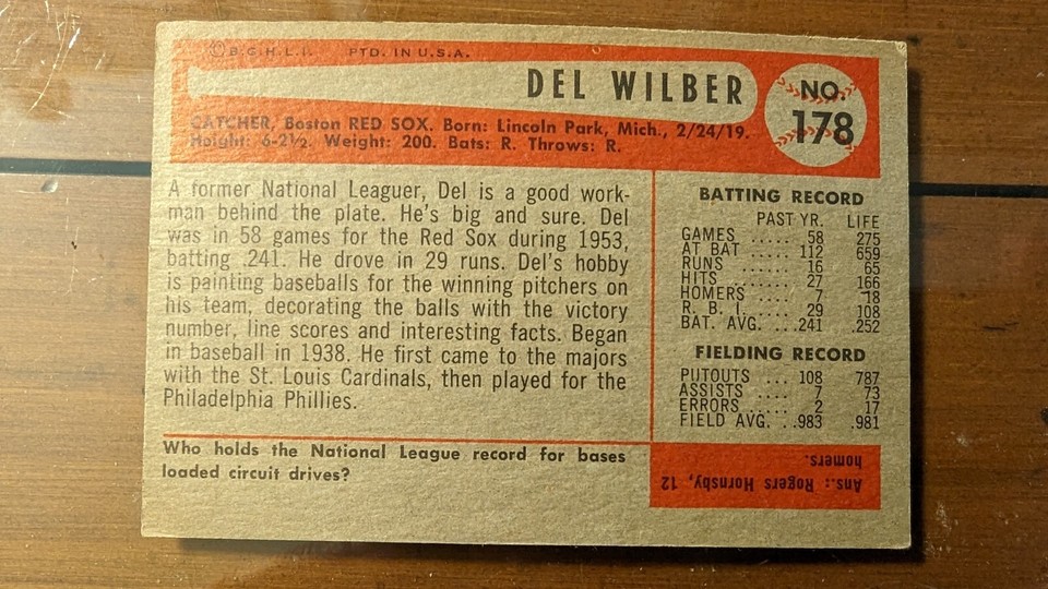 Del Wilber #178 1954 Bowman Excellent 5 | eBay
