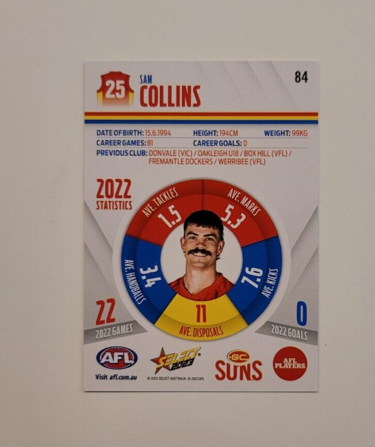 2023 AFL SELECT FOOTY STARS BASE CARD GOLD COAST SUNS SAM COLLINS ...