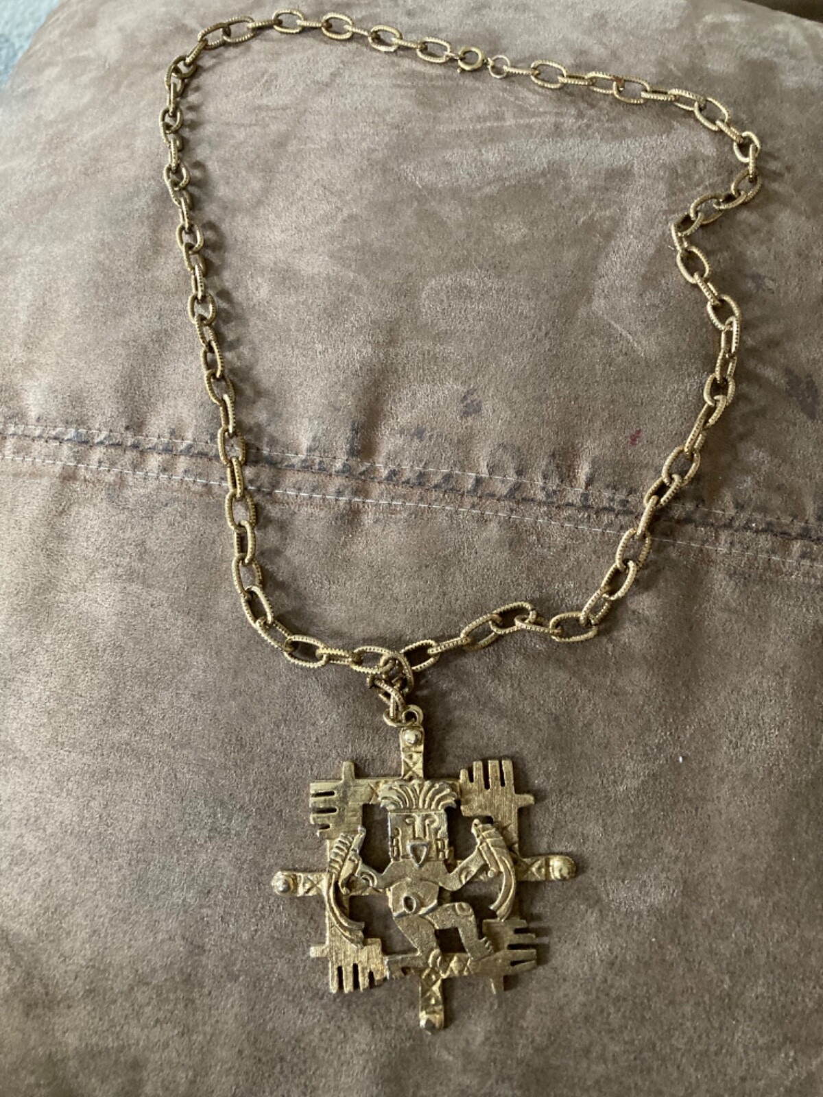 Vintage Mayan Figural Fertility Gold Tone Aztec Chain… - Gem