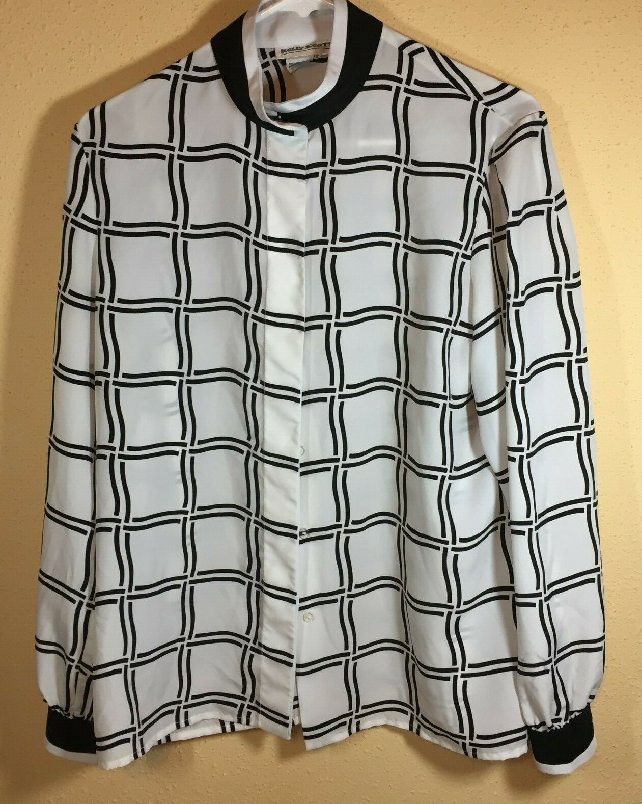 KELLY SCOTT blk/wht window pane long sleeve blouse size 12 | eBay