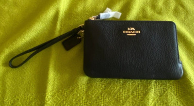 Coach - Double Corner Zip Wristlet - Black/Gold Refined Pebble Leather ...