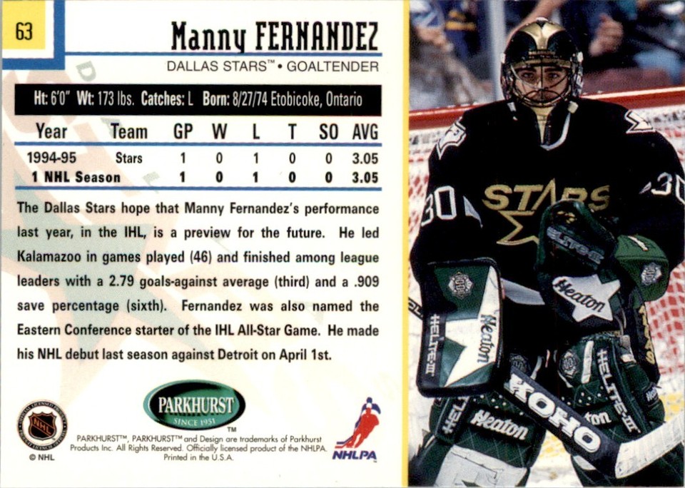 Manny Fernandez 1995-96 Parkhurst International Emerald Ice #63 Dallas ...
