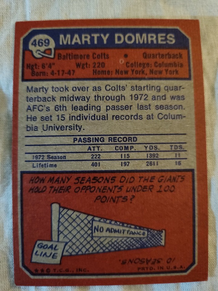 1973 Topps Marty Domres NRMT card #469 | eBay