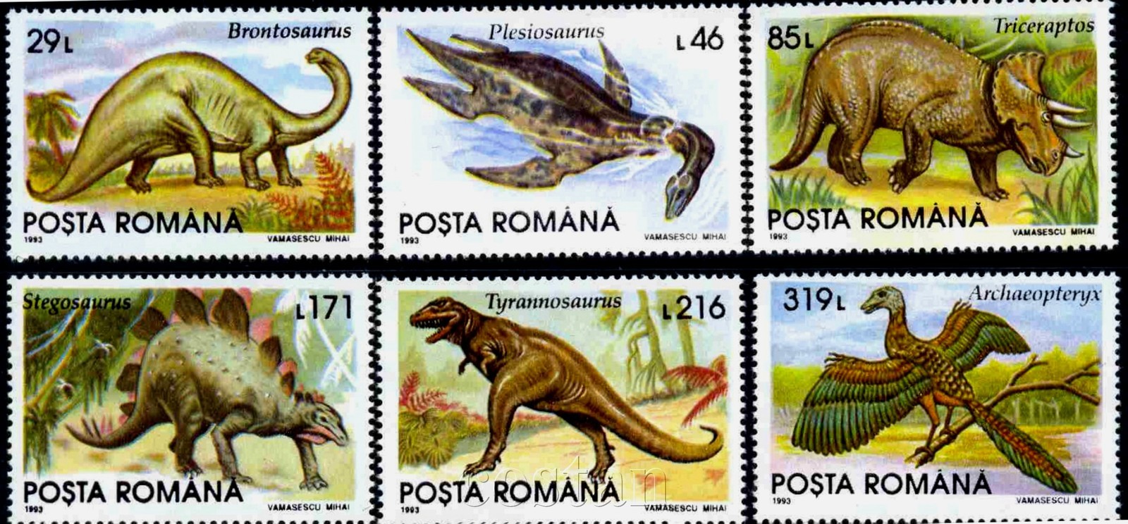 1993 Dinosaurs,Dino,Saurier,Brontosaurus,Prehistoric animals,Romania,Mi ...
