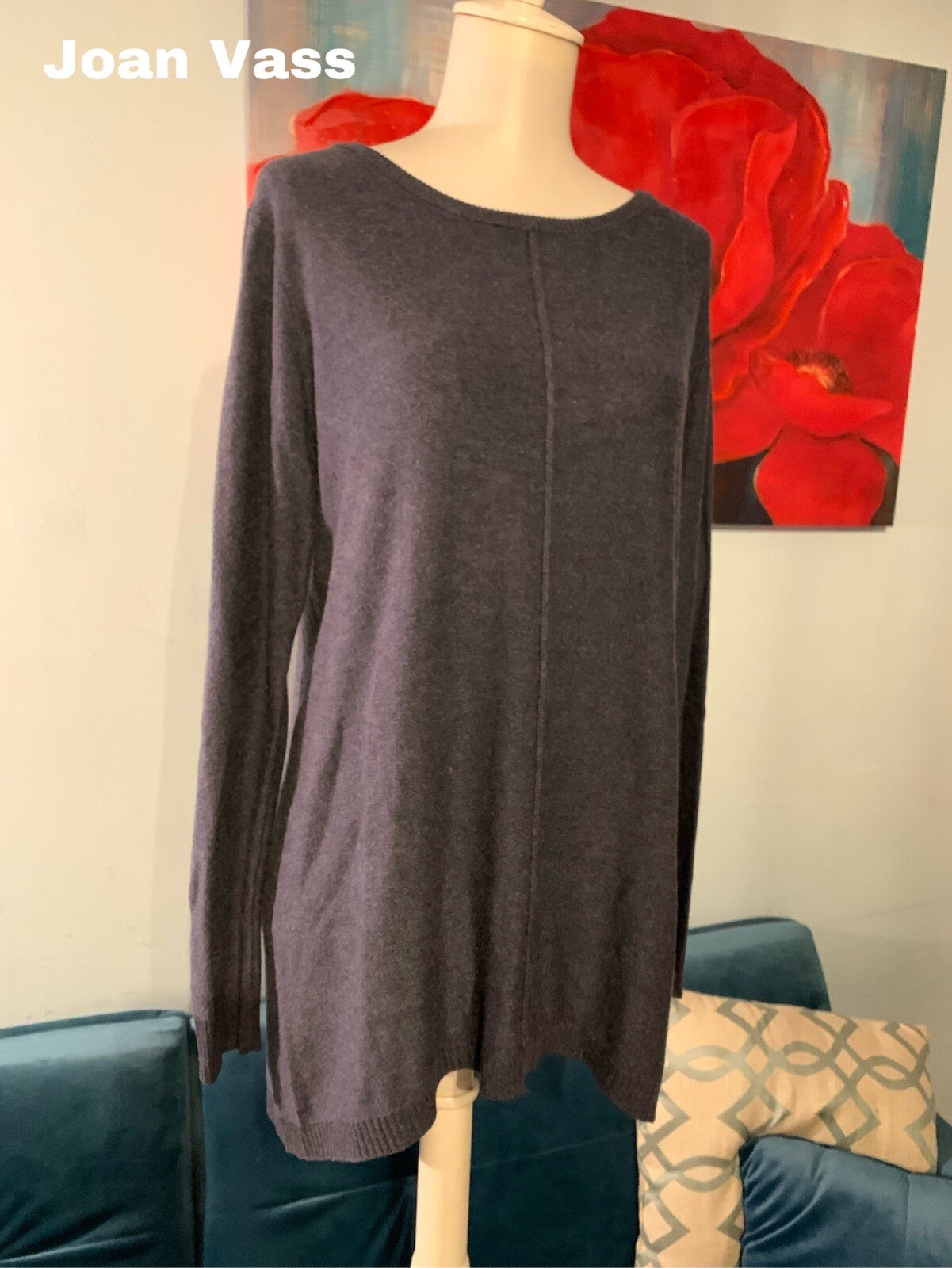 Joan Vass Blue Long Sleeve Lightweight Sweater Top Cashmere Blend Large ...