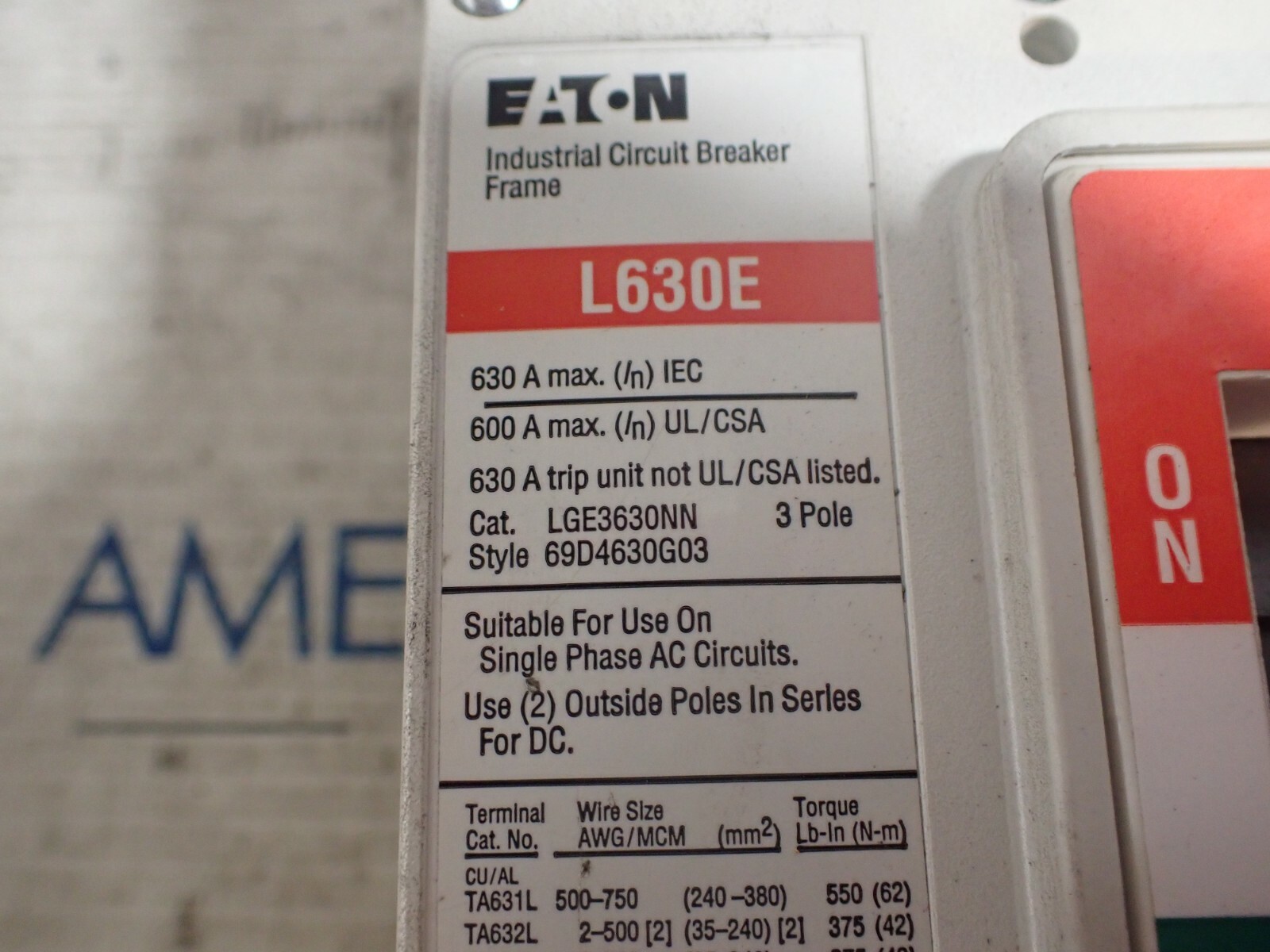 EATON LGE3630NN 600 amp 600 volt 3 Pole L630E Breaker + ELLBN3400W GFI ...