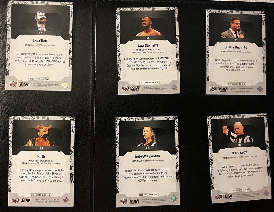 2023 Upper Deck AEW Lot (6)- Rush, Moriarty, Excalibur, Justin, Refs ...