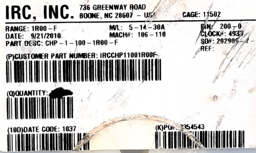 IRC Inc. CHP-1-100-1R00-F Resistor - Roll 1/2 Full | eBay