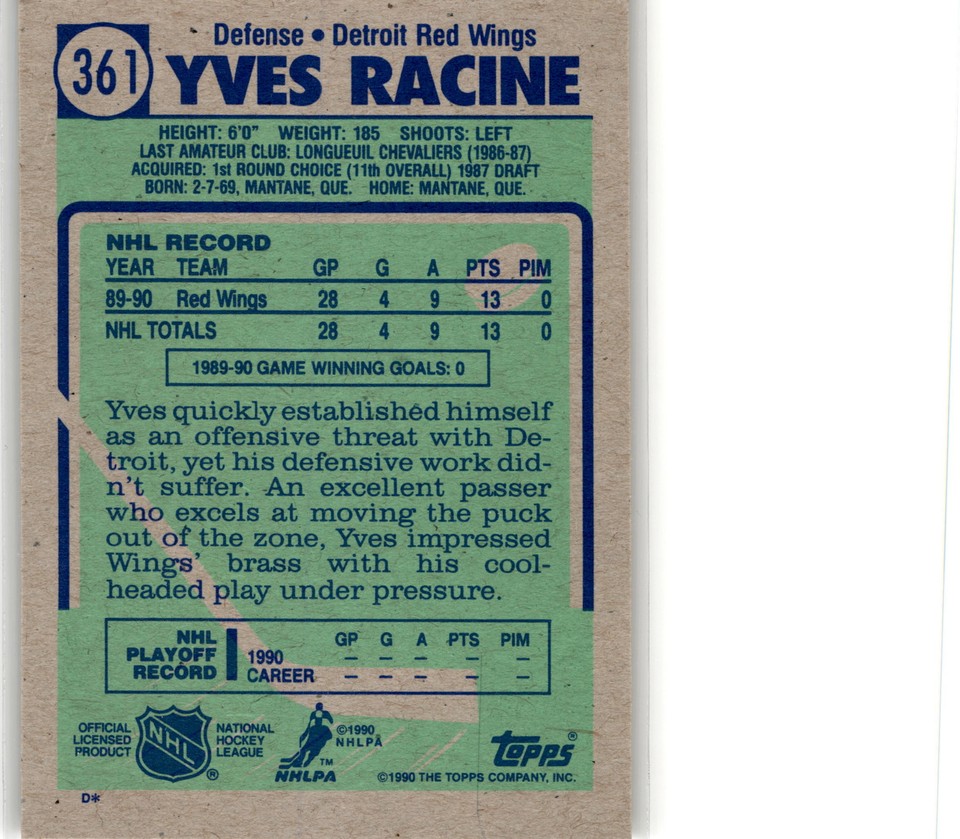 1990-91 Topps #361b Yves Racine | eBay