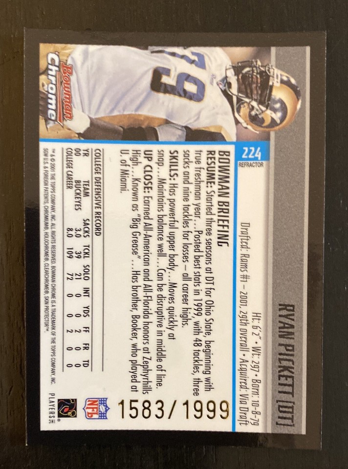 Ryan Pickett 2001 Bowman Chrome /1999 Refractor RC #224 Rams | eBay