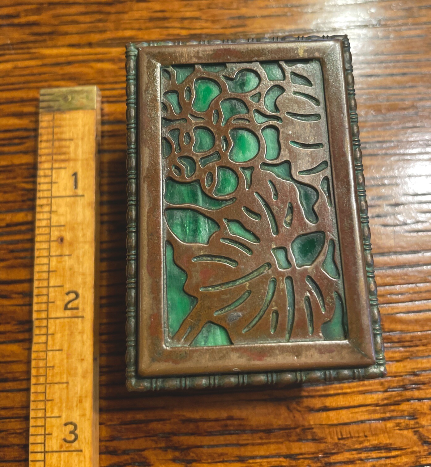 ANTIQUE TIFFANY STUDIOS GRAPEVINE BEADED MATCHBOX SAFE:GREEN GLASS ...