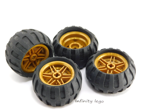 4 LEGO Balloon Tires 43 x 26 Wheel Gold Rims Hub Axle Hole (56145 15413 ...