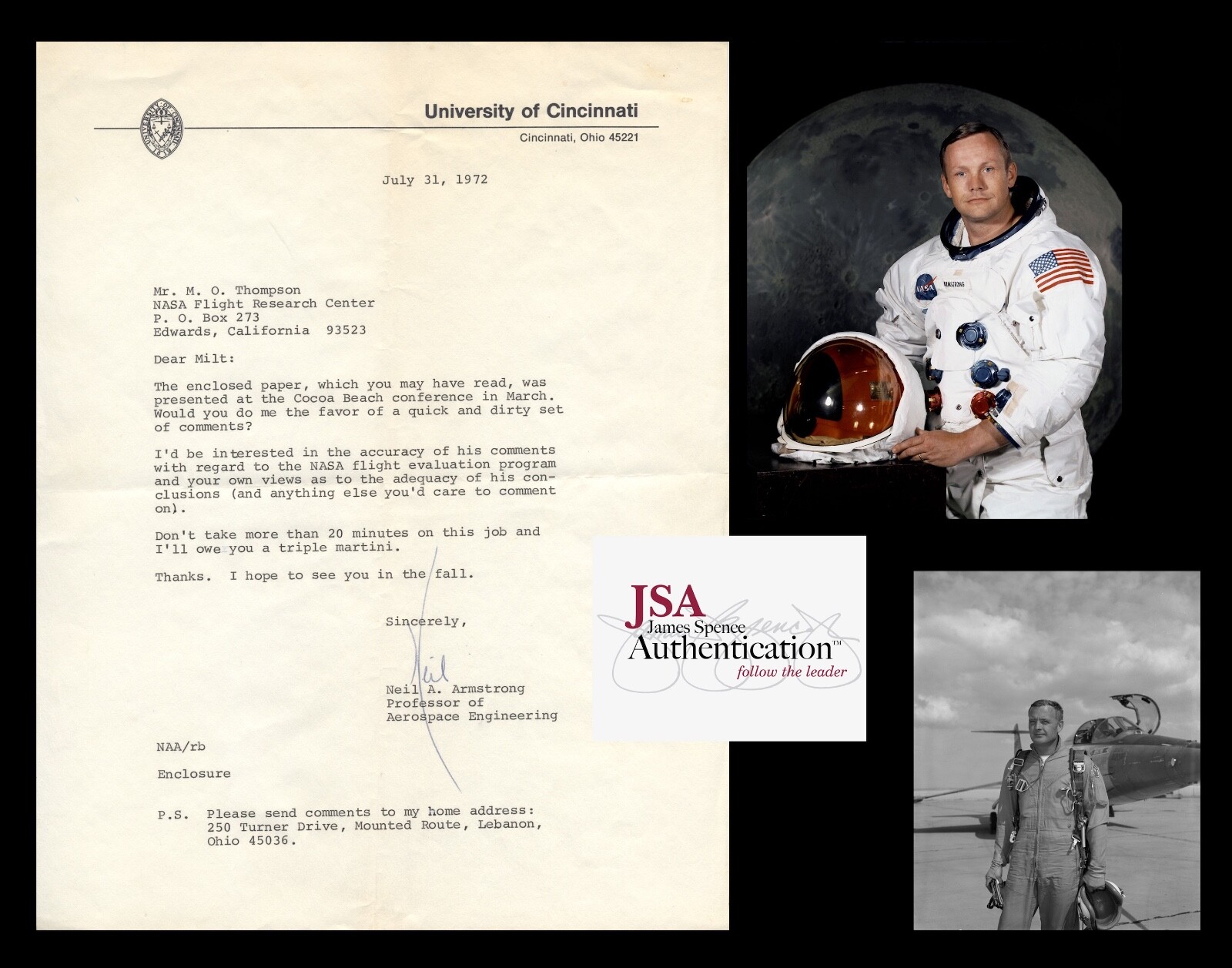 NEIL ARMSTRONG Typed Letter Signed NASA Apollo 11 Autographed Milt ...