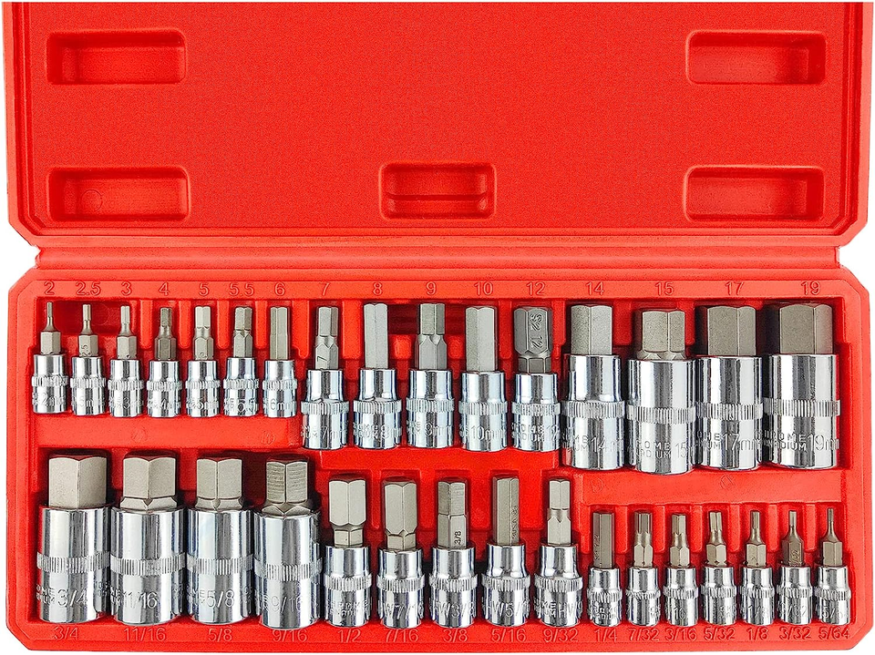 32Pcs Master Hex/Allen Bit Socket Set 1/4” 3/8” 1/2” Drive SAE/Metric ...
