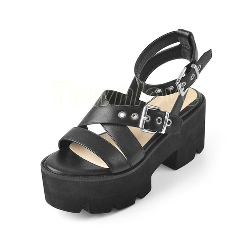 Women Punk Platform Chunky Heels Ankle Buckle Strap Sandals Open Toe ...