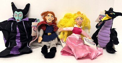 Disney Store Beanbag Plush Set Sleeping Beauty AURORA MALEFICENT DRAGON ...