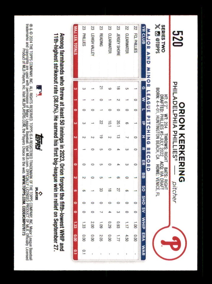 2024 BASEBALL 2024 Topps Orion Kerkering Philadelphia Phillies #520 RC1 ...