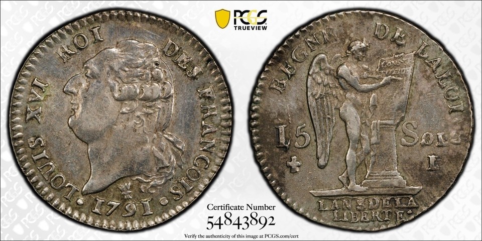 FRANCE KING LOUIS XVI 1791-I 15 SOL SILVER COIN, PCGS CERTIFIED AU50 | eBay