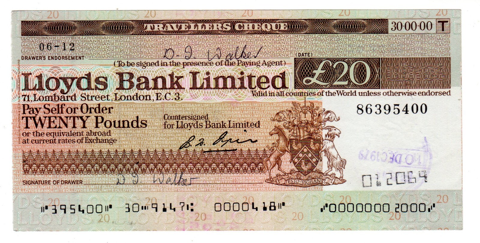 Angleterre ENGLAND GREAT BRITAiN Lloyds BANK 20 £ POUNDS Travellers ...