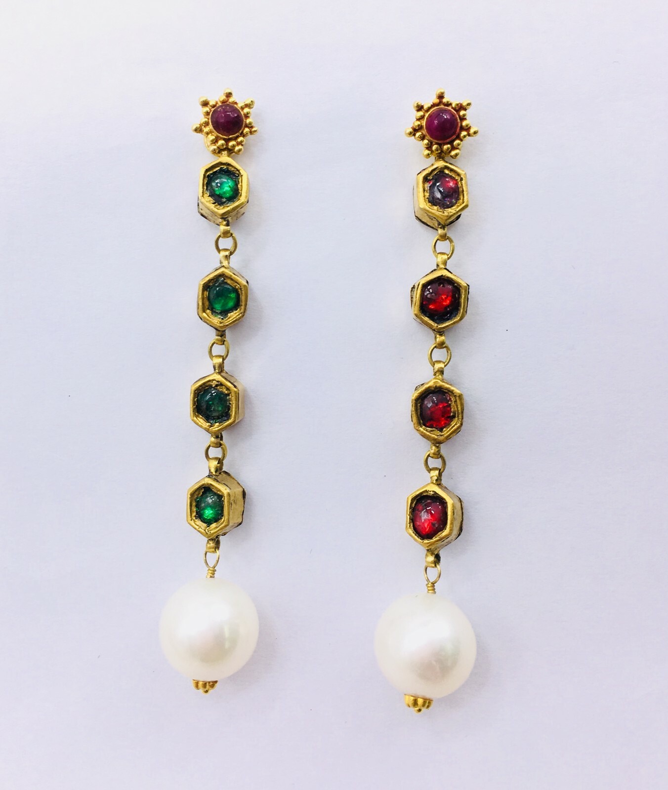 22k Gold Reversible Earrings with Red and Green Stone Pearl Drop Long ...