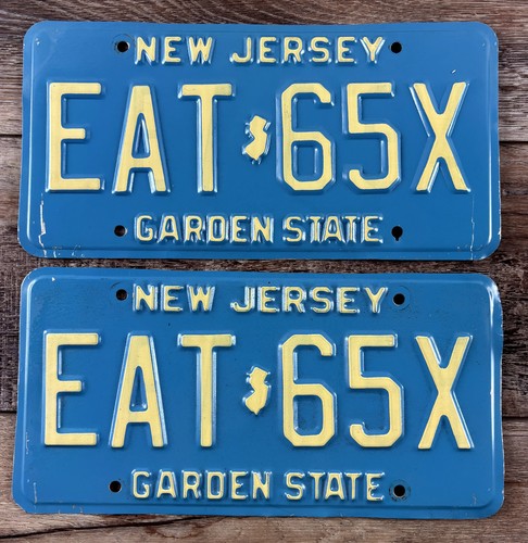 Pair New Jersey 1980s License Plates - Tan on Blue - EAT-65X | eBay