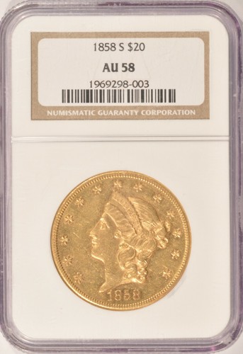 1858-S $20 Liberty Gold Double Eagle Coin NGC AU58 Type 1 Pre-1933 Gold ...