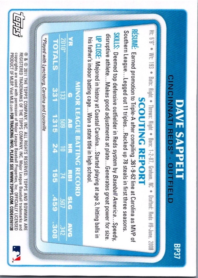 2011 Bowman Prospects #BP37 Dave Sappelt Cincinnati Reds | eBay