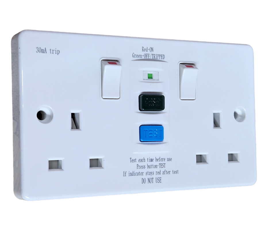 Double RCD Switch Socket (Latching - Passive) 30mA Twin/ 2 Gang White ...