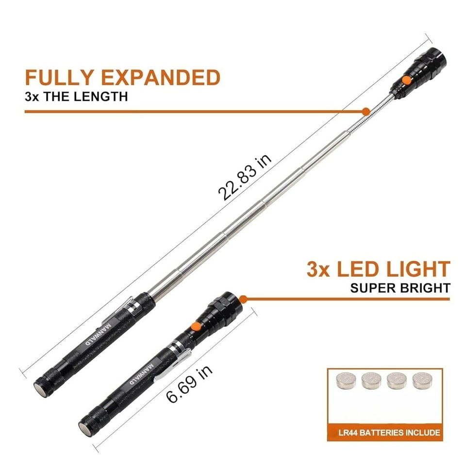 LED Magnetic Pickup Tools Telescoping Flashlights with Extendable ...