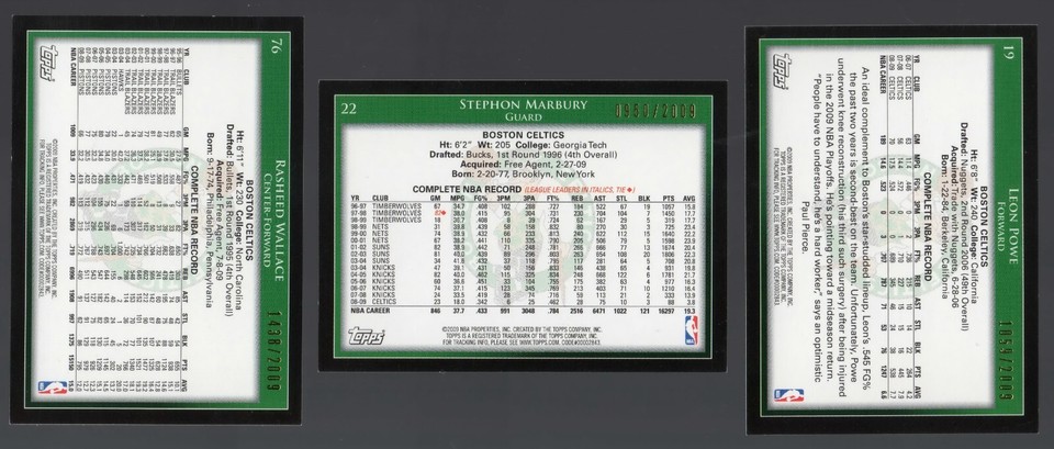 (3) 2009-10 Topps Gold SN /2009- Celtics- #76 Wallace/ #22 Marbury/ #19 ...