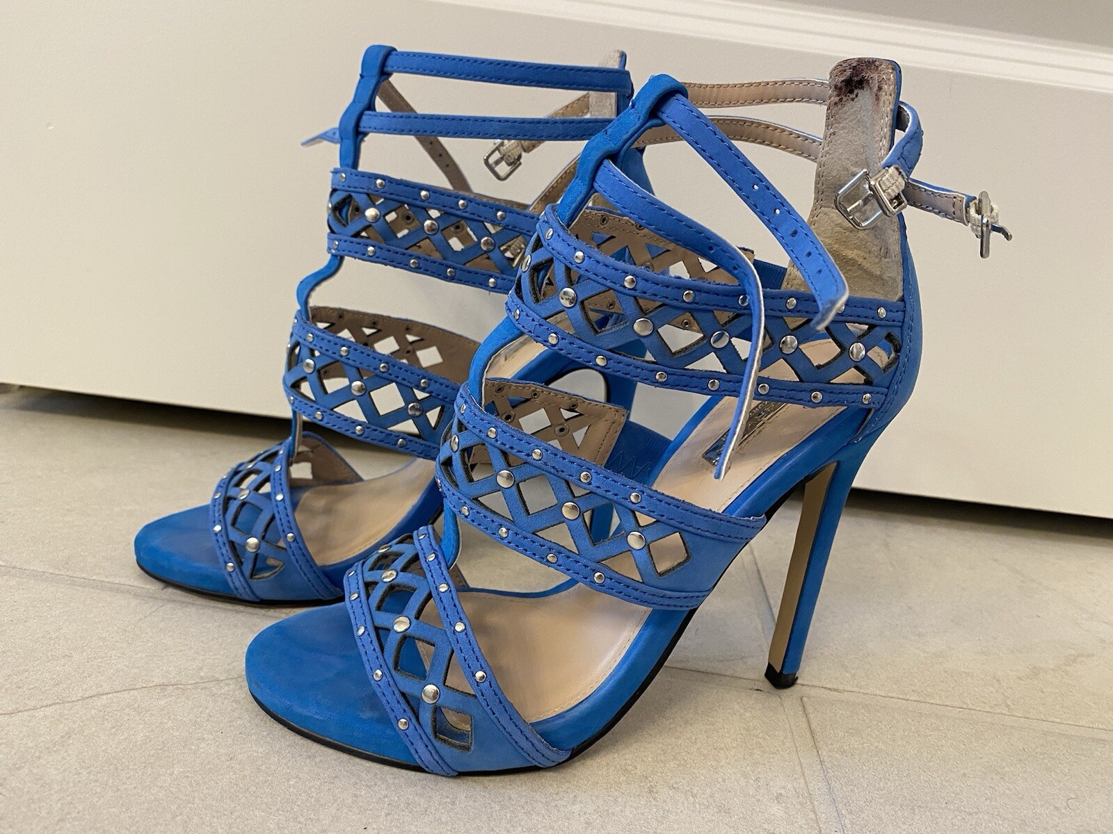 Kurt Geiger Carvela blue leather studded cut out heels sandals shoes ...