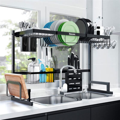 2-Tiers Adjustable Large Capacity Dish Drying Rack Over-The-Sink Space ...