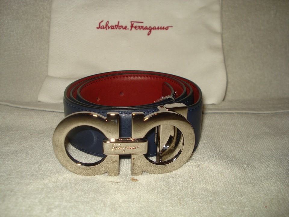 100% AUTH NEW MEN FERRAGAMO BOX CALFINO RED/BLUE REVERSIBLE BELT US 32/ ...