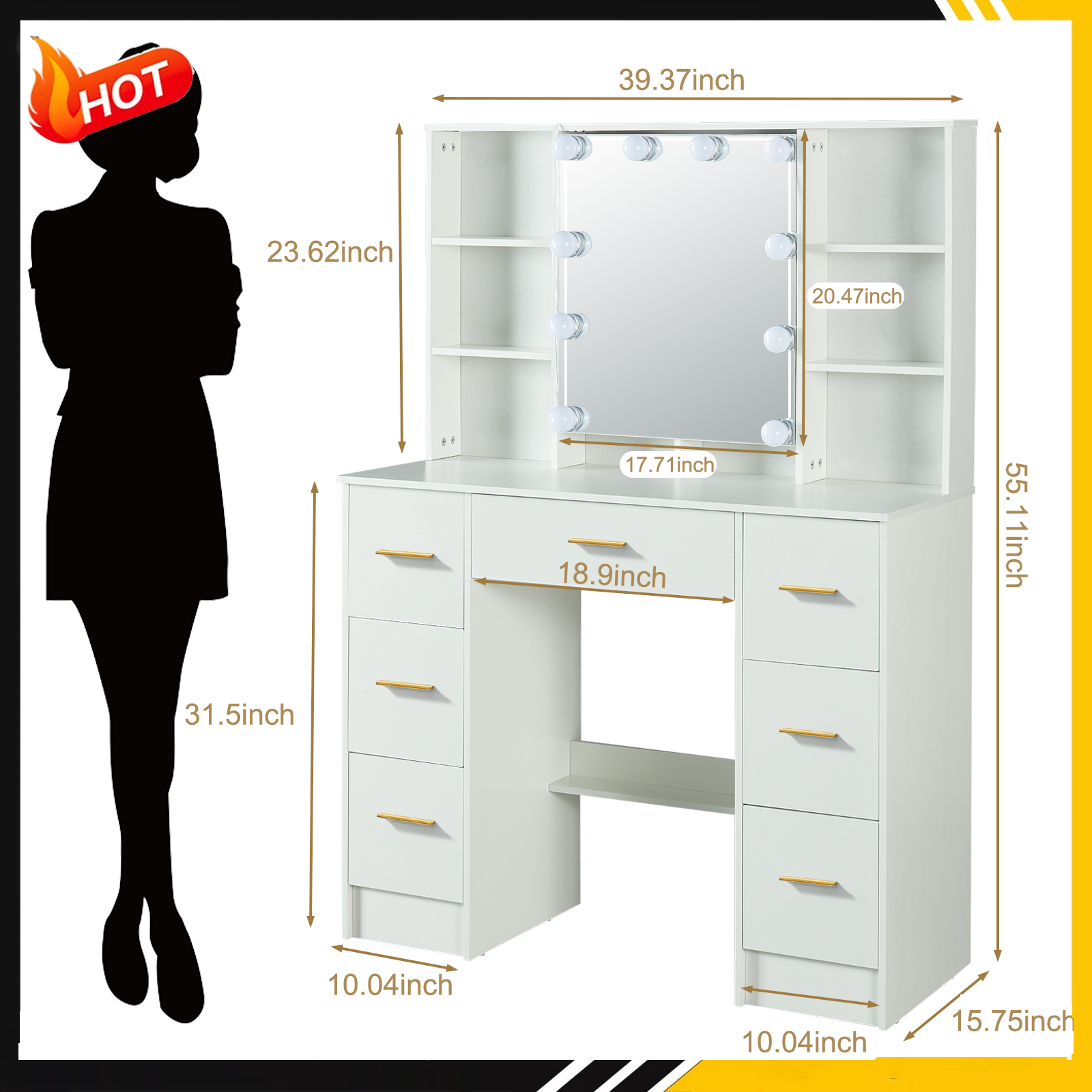 7 Drawers Dressing Desk with 10 LED Lighted Makeup Mirror Dresser Table ...