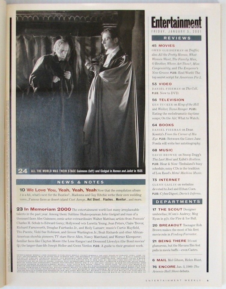 Entertainment Weekly 576 Jan 5 2001 SPECIAL TRIBUTE ISSUE Late Greats ...