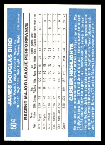 1982 Donruss #504 Doug Bird Chicago Cubs Baseball card | eBay