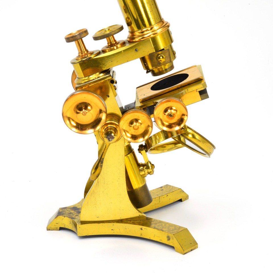English Binocular microscope late 19th century dual brass sq stage ...