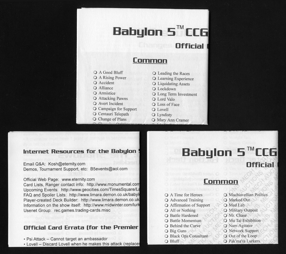 Babylon 5 CCG Deluxe Shadows Great War Official Checklist From Booster ...