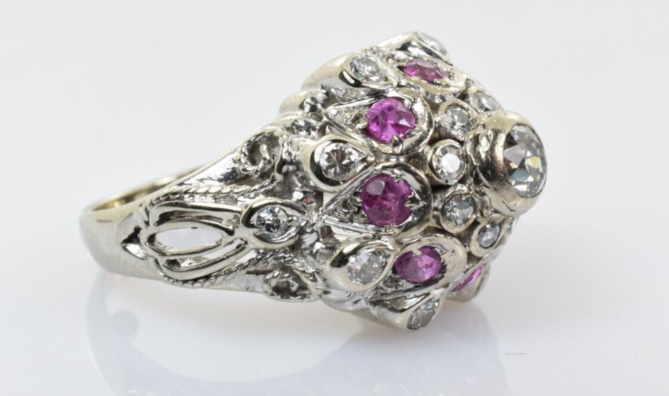 Vintage Diamond & Ruby Princess Ring 14k White Gold 1.30 Carats Size 4 ...