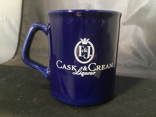 E&J CASK & CREAM LIQUEUR COFFEE MUG BLUE WHITE LOGO ARTSY HANDLE ...