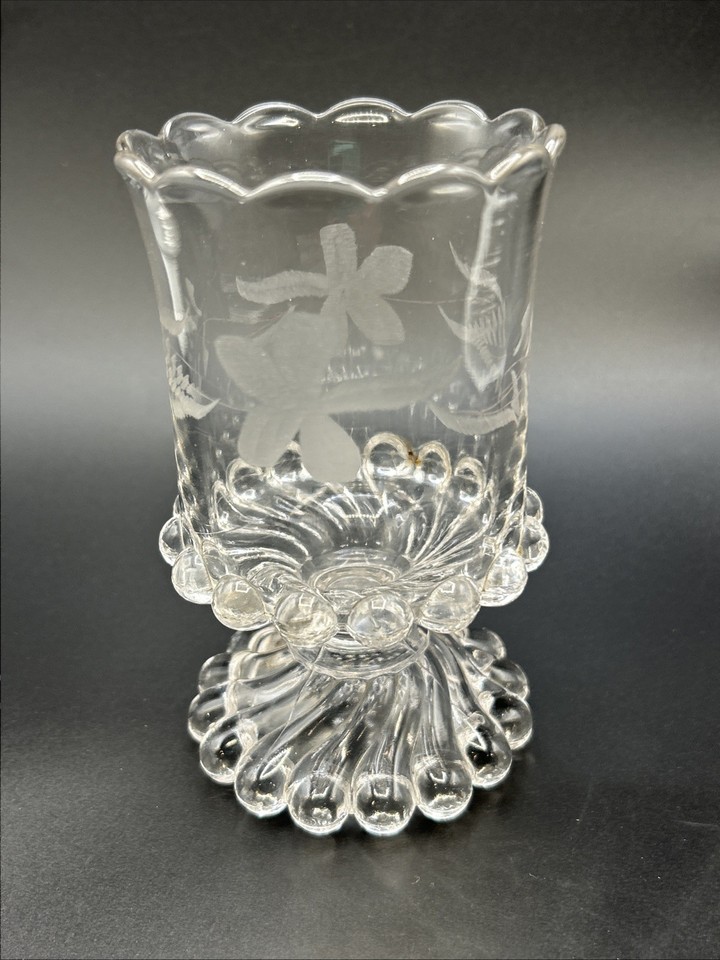 Glass "Spooner" w Floral Etching Ball & Swirl Pattern 5 1/2" Tall x 3 ...