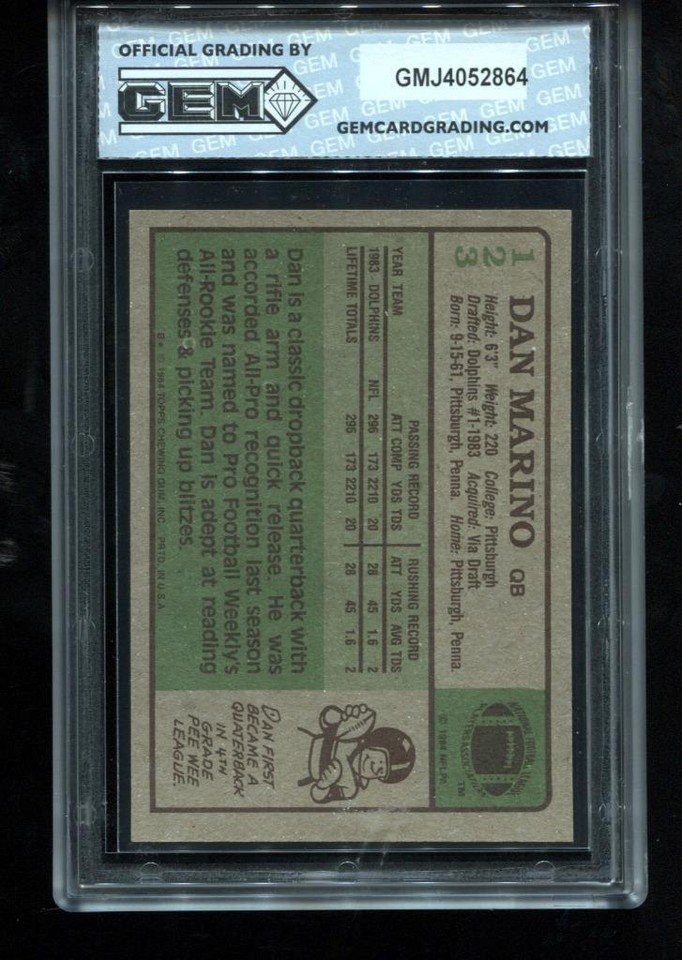 Dan Marino RC 1984 Topps #123 Miami Dolphins MVP Rookie GEM MINT 10 | eBay