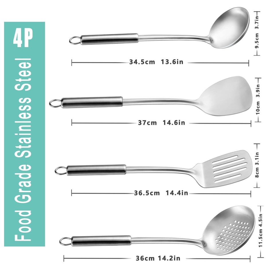 4-Pcs Cooking Utensils Set, Stainless Steel Kitchen Utensils, Wok ...