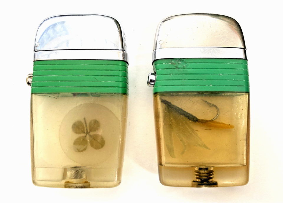 Scripto VU Vintage Lot (Pair) of Lighters Fish and Four Leaf Lucky ...