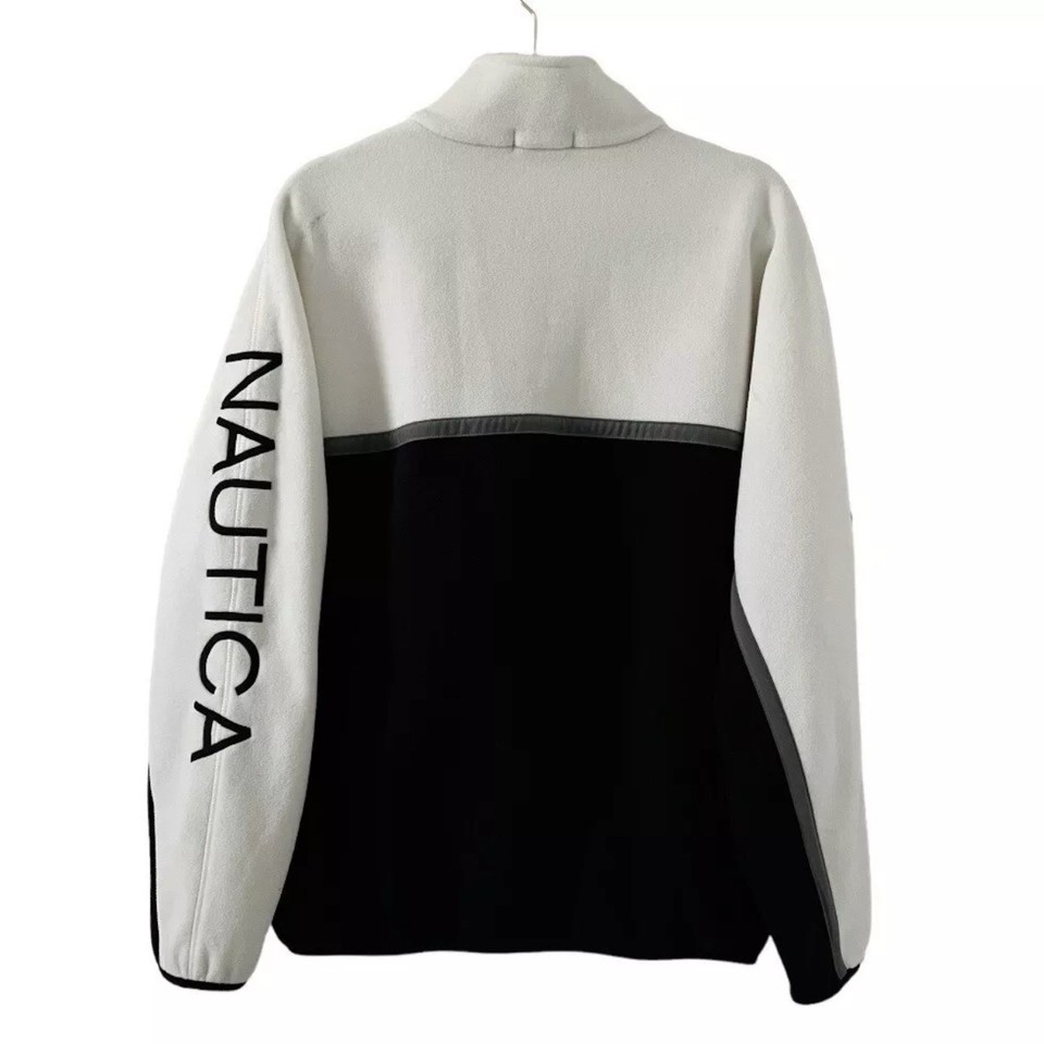 Nautica Fleece Jacket Colorblock Retro Full Zip Men Medium White Black ...