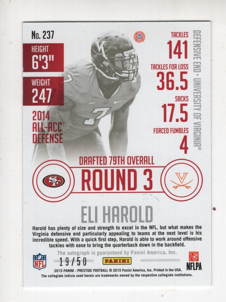 2015 Prestige Eli Harold GOLD Autograph RC! 19/50 San Francisco 49ers ...