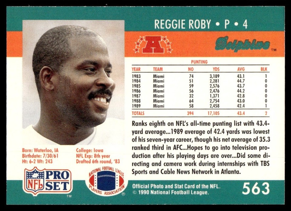 1990 Pro Set Reggie Roby Miami Dolphins #563 | eBay