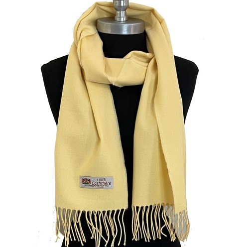 Women Girl 100% CASHMERE SCARF Made in England SOLID Light Yellow SOFT ...