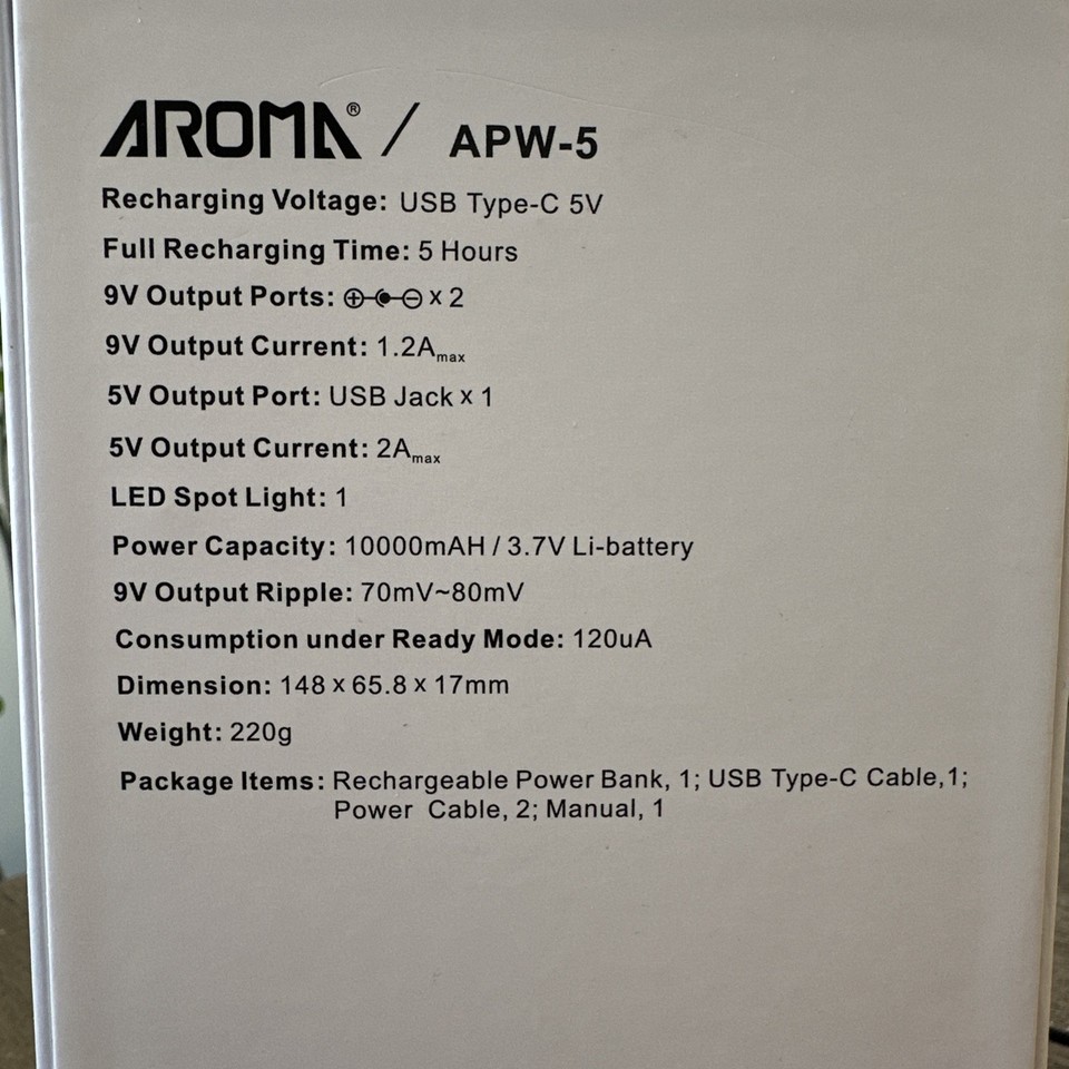 Aroma Model APW-5 Rechargeable Power Bank for 9V Guitar Effect Pedals ...